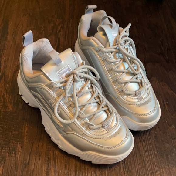 Fila | Shoes | Fila Womens Disruptor Metallic Silver Sneaker | Poshmark